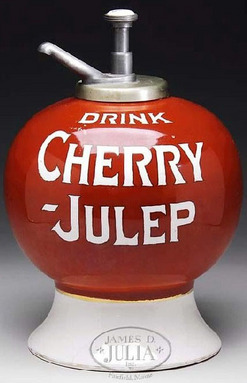Soda Fountain; Syrup Dispenser, Cherry Julep, Ceramic, Pump.