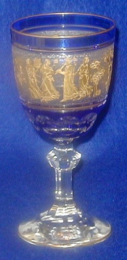 Moser Glass; Goblets (6), Romanesque Figures, Cobalt to Clear, 7 inch.