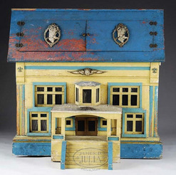 Dollhouse; German, Wood, 2-Story, 2 Rooms, Porch, Bay Window, 42 inch.