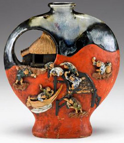 Pottery; Japanese, Sumida Gawa, Vase, Ribbed, Figures in Relief, Flambe ...