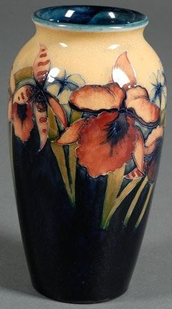 Moorcroft Pottery; Iris, Vase, Shouldered, Blue/Turquoise/Yellow, 8 inch.