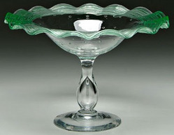 Steuben Glass; Crystal, Compote, Green Threading, Scalloped Rim, 8 inch.