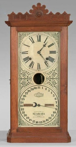 Calendar Clock; Ithaca, Granger No 14, Walnut, 8 Day, 26 inch.