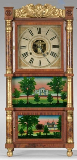 Shelf Clock; Birge, Mallory & Co, Triple Decker, Gilt Crest, Eglomise ...
