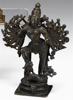 Bronze Sculpture; Indian, Durga, 18 Hands, Lotus Base, 7 inch.