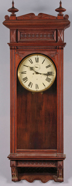 Regulator Clock; Waterbury, No 54, 8-Day, Wall, Mahogany, 61 inch.