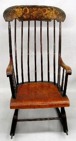Furniture: Chair-Rocking; Boston, Paint Decorated, 7 Spindles, Scrolled ...
