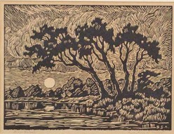Sandzen, Sven Birger; Woodcut, signed, Smoky River at Twilight ...