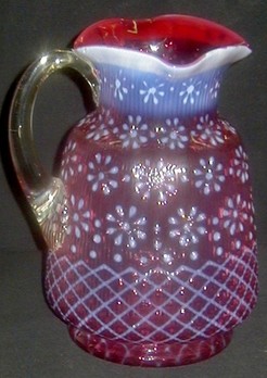Cranberry Glass; Pitcher, Christmas Snowflake, Opalescent.