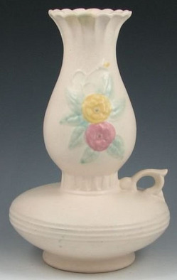 Lamp Base-Vase; Hull Pottery, Open Rose, Finger Loop, White, 11 inch.