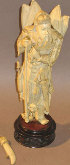 Carving; Chinese, Ivory, Figure, Samurai Warrior with Beard, Wood Base ...