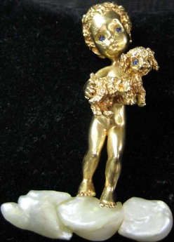 Brooch; Ruser (William), 14K Gold Cherub, Fridays Child, Freshwater ...