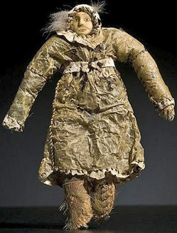 Doll; Eskimo, Carved, Ivory, Seal Skin Parka, 6 inch.
