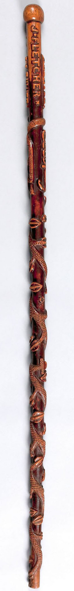 Cane; Folk Art, Relief Carved Shaft, Vine & Leaf, Fletcher, 32 inch.