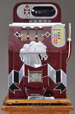 Slot Machine; Mills, Horse Head Bonus, 3 Reel, 5 Cent, Cabinet.
