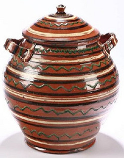 Redware; Schooner (Greg), Jar & Cover, Double Handled, Tri-Color Slip ...