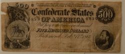 Currency; Confederate States of America, $500 Note, 1864, Stonewall ...