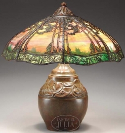 Table Lamp; American, Handel, Pine Tree Overlay, Bulbous Base, 25 inch.