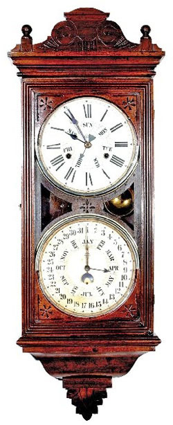 Calendar Clock; Jerome & Co, Double Dial, Walnut, 34 inch.