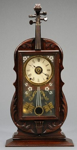 Shelf Clock; Seth Thomas, Violin, Walnut, 8 Day Lyre Movement.