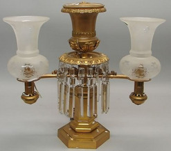 Argand Lamp; Messenger & Sons, Bronze, Double Arm, Etched Shades, 19 inch.