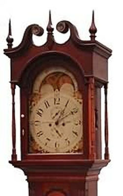 Tall Case Clock; Pennsylvania, Transitional, Hagey (George), Mixed Woods, Broken Arch, 93 inch.