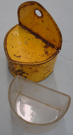 Hanging Box; Salt, Kreamer Tole, Tin, Gold Script on Yellow Ground ...