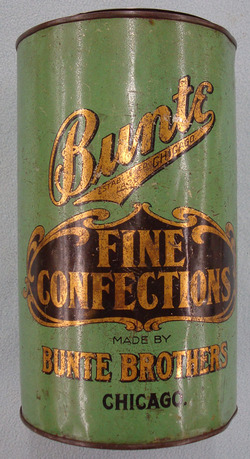 Tin-Candy; Bunte Confections, Canister, Green Ground, 9 inch.