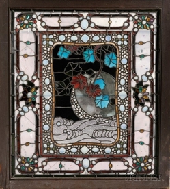 Stained Glass; La Farge (John)?, Window, Leaves & Moon, Corner Rosettes ...
