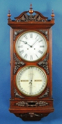 Calendar Clock; Ithaca, Regulator No 1, Walnut, Wall, 8 Day, 52 inch.