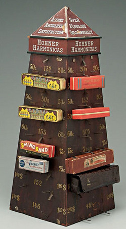 Display Case; Hohner Harmonicas, Obelisk, +Harmonicas (7), 27 inch.