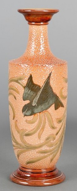 Doulton; Lambeth, Barlow (F), Vase, Slip Decorated, Bird in Flight, 8 inch.