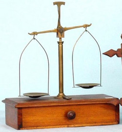 Scale; Balance Beam, Brass Pillar & Pans, Wood Base, Drawer, Weights ...