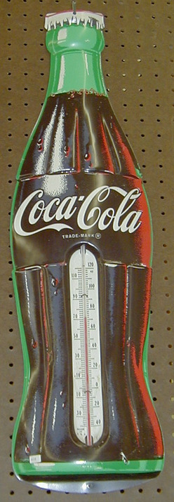 Thermometer; Coca-Cola, Bottle, Tin Die Cut, 29 inch.