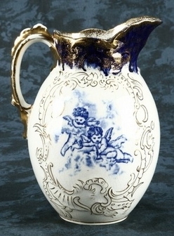 Flow Blue; Wheeling Pottery, LaBelle, Pitcher, Cherubs, Gilt Highlights ...