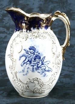Flow Blue; Wheeling Pottery, LaBelle, Pitcher, Cherubs, Gilt Highlights ...