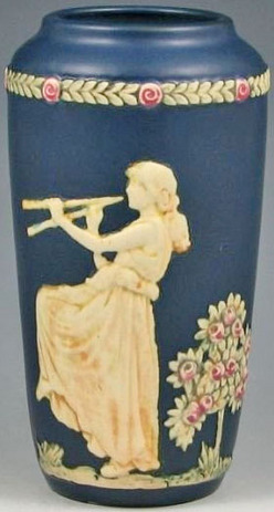 Weller Pottery; Blue Ware, Vase, Classical Women playing Music, 7 inch.