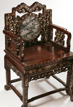 Furniture: Chair-Arm; Chinese, Hardwood, Mother-of-Pearl Inlay, Marble ...