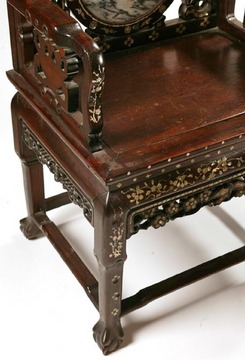 Furniture: Chair-Arm; Chinese, Hardwood, Mother-of-Pearl Inlay, Marble ...