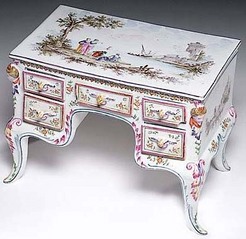 Faience; Veuve Perrin, Desk, Miniature, Watteau Scenes, 10 inch.