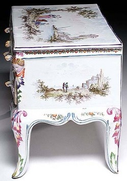 Faience; Veuve Perrin, Desk, Miniature, Watteau Scenes, 10 inch.