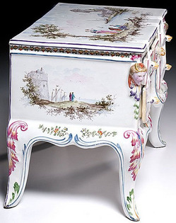 Faience; Veuve Perrin, Desk, Miniature, Watteau Scenes, 10 inch.