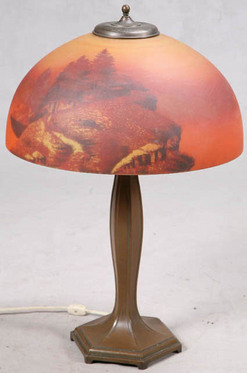 Table Lamp; American, Phoenix Lamp Co?, Reverse Painted, Cabin in ...