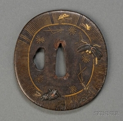 Sword Accessory; Tsuba, Iron, Insects Inlay.