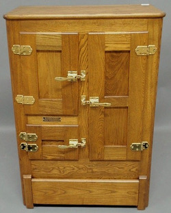 Ice Box; Oak, 3-Doors, Paneled, Brass Hardware, 40 inch.
