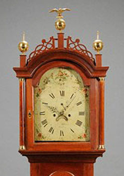 Tall Case Clock; Massachusetts, Federal, Mulliken (Joseph), Cherry, Fretwork, Osborne Dial, 87 inch.