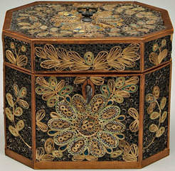 Tea Caddy; British, Quillwork, Octogonal, Florals, Canted Corners ...