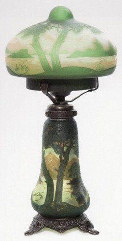 Parlor Lamp; French, De Vez, Cameo Glass Shade & Standard, Scenic ...