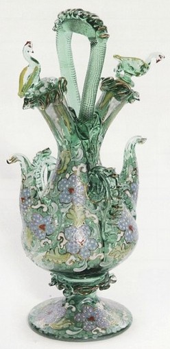 Moser Glass; Cruet, Royo, 2 Spouts, Bird Stoppers, Green, 12 inch.