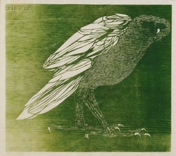 Baskin Leonard Woodcut Signed 1960 Owl Profile View In Green